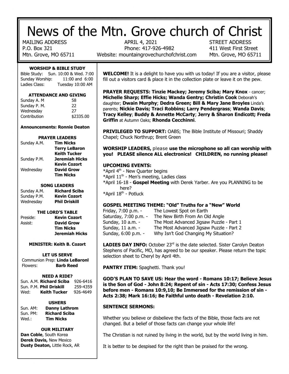 Bulletin: 20210404 - Mountain Grove Church of Christ