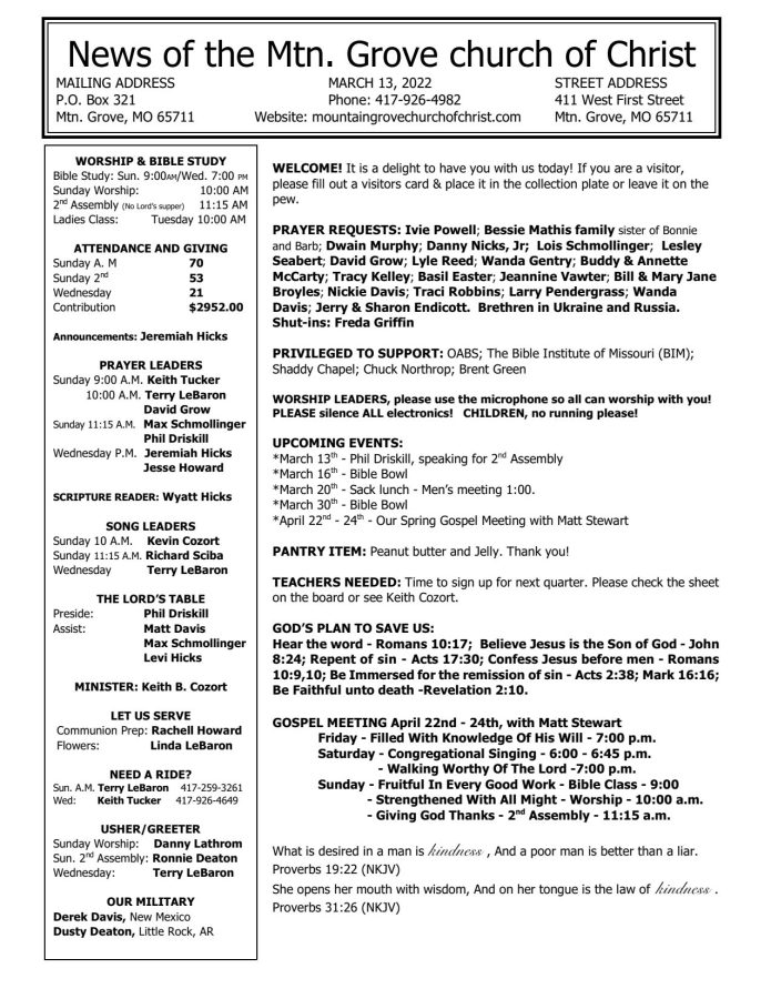 Bulletin: 20220313 - Mountain Grove Church of Christ