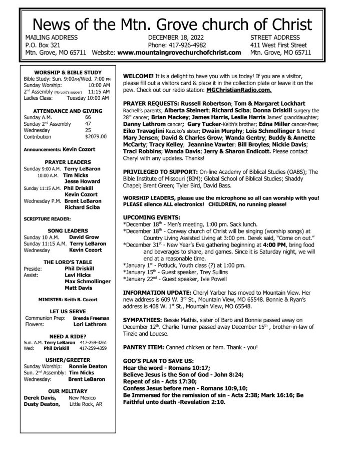 Bulletin: 20221218 - Mountain Grove Church of Christ